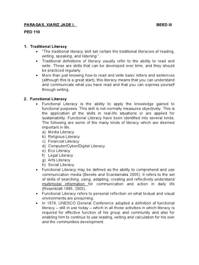 PED 110 Assignment | PDF | Literacy | Learning