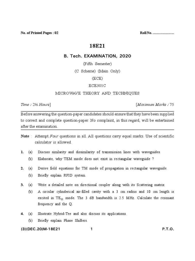 Microwave Theory and Techniques Ques Paper | PDF | Technology & Engineering