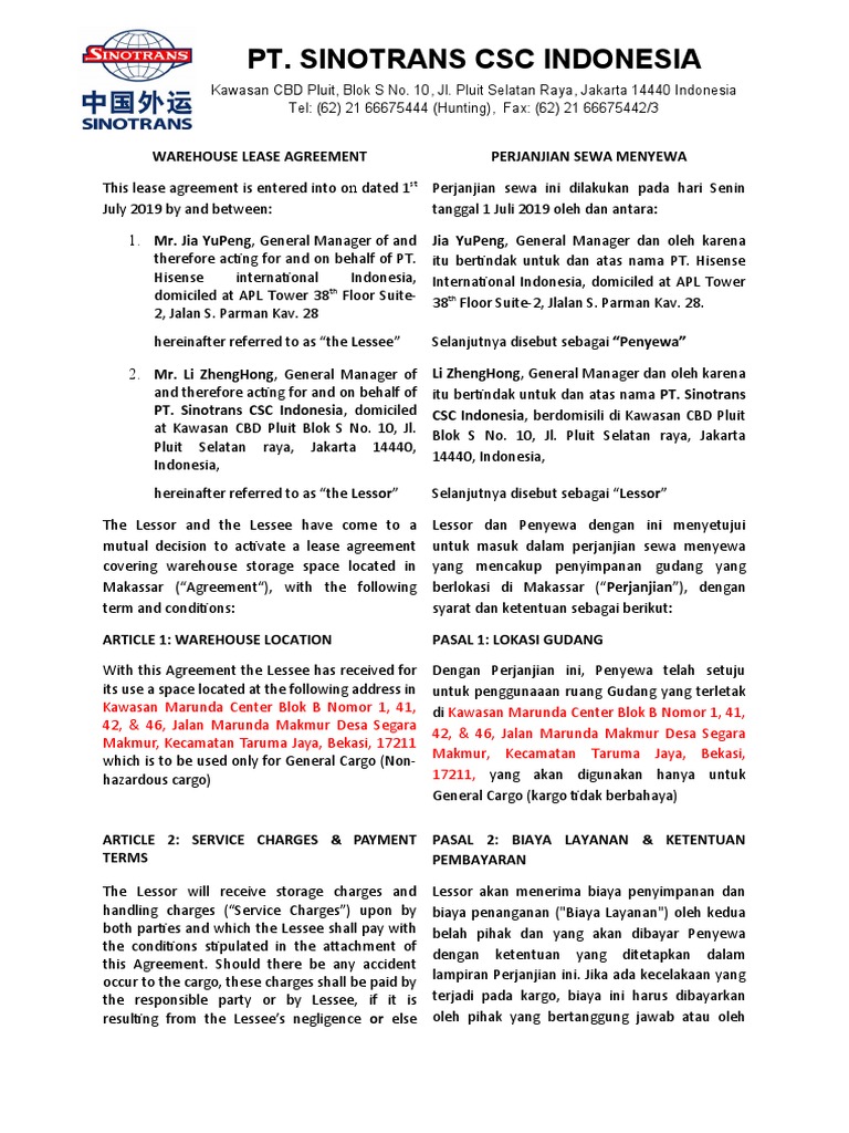 Warehouse Lease Agreement Sinotrans With Hisense 5-Aug | PDF | Hukum