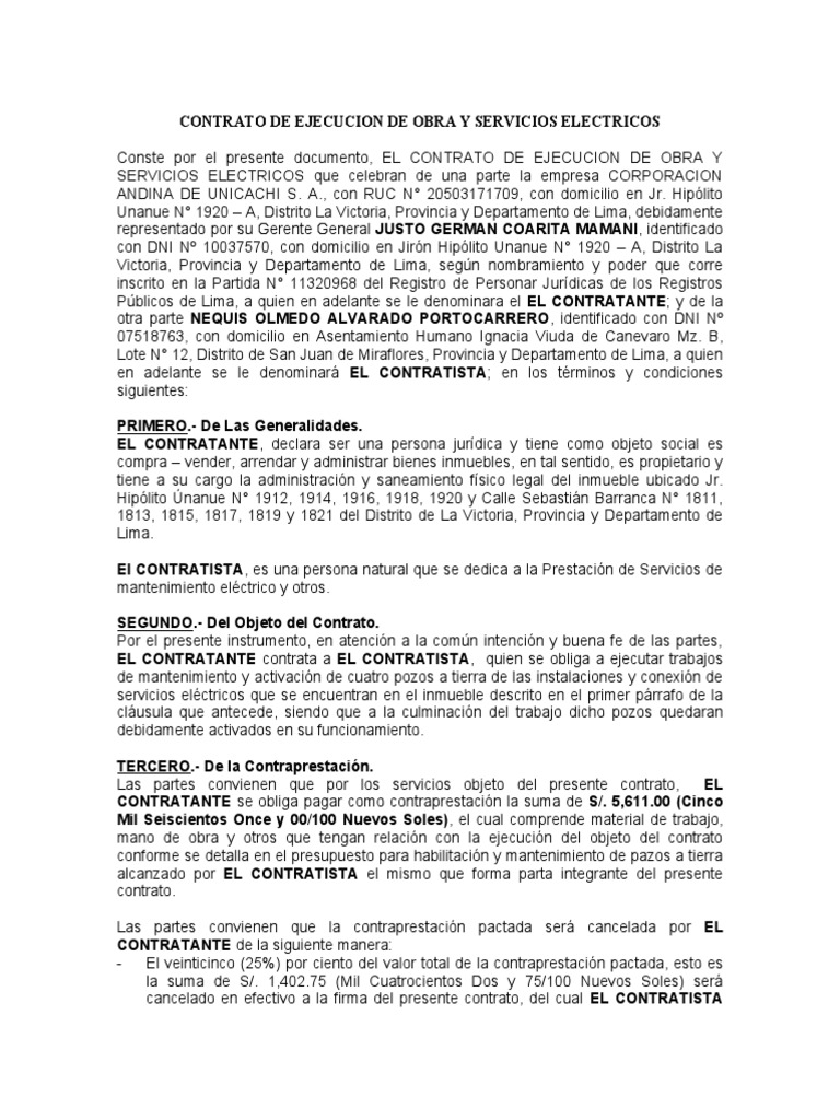 Contrato de Ejecución de Obra y Servicios Electricos | PDF | Daños y ...