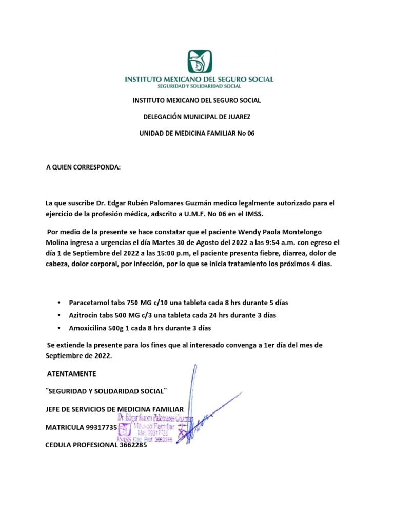 Justificante Médico IMSS Urgencias 2022 | PDF