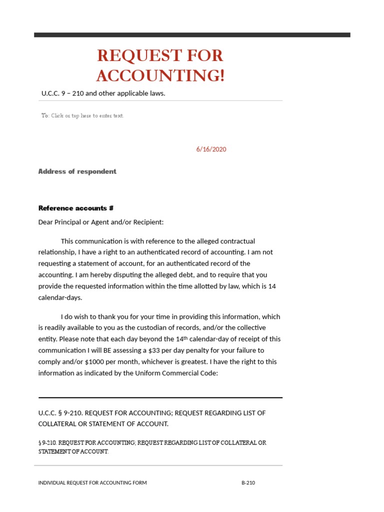 REQUEST FOR ACCOUNTING Form | PDF | Debt | Uniform Commercial Code