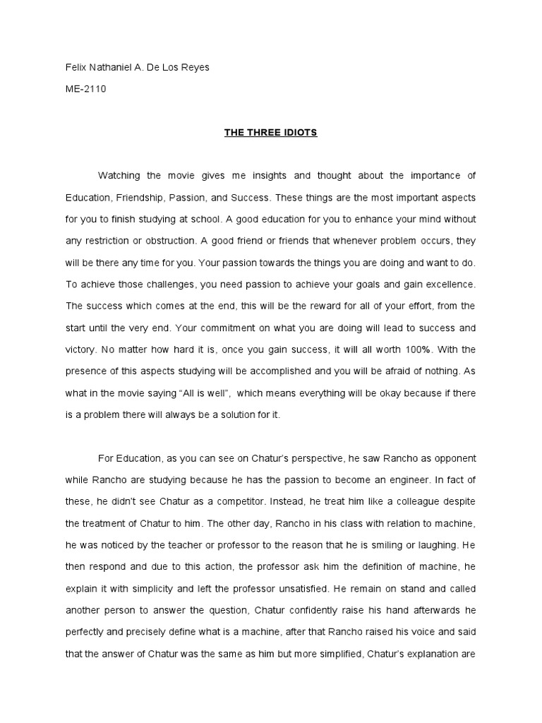 Reflection Paper On 3 Idiots | PDF | Passion (Emotion)