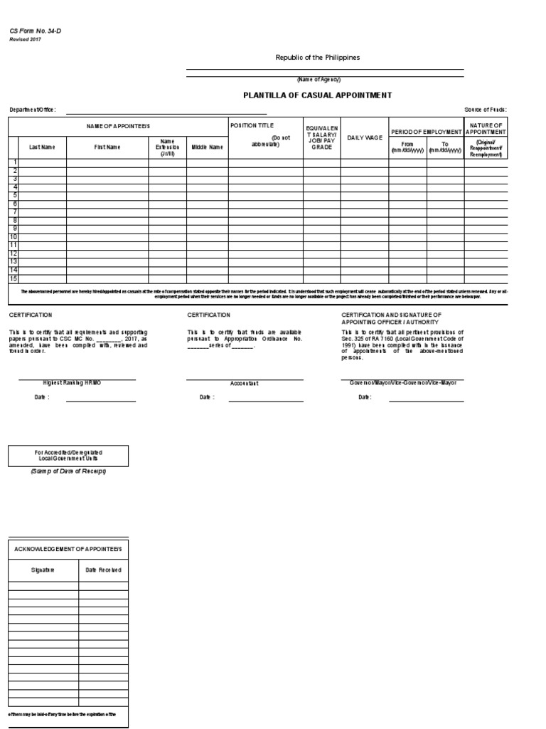 CS Form No. 34-D Plantilla of Casual Appointment - LGU Accredited | PDF ...
