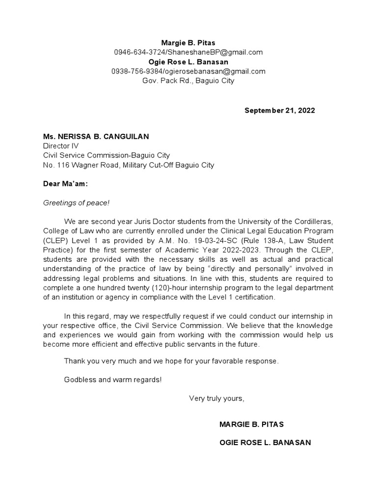 Request for Internship Placement: Letters from Law Students to ...