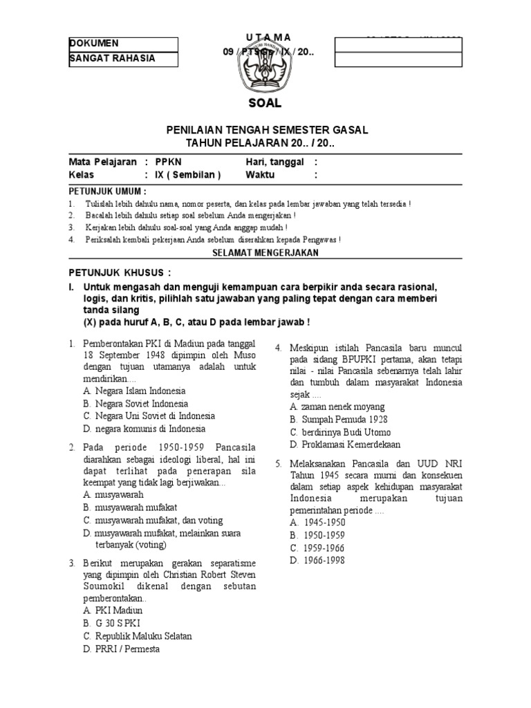 Soal PTS 1 PPKN Kelas IX K13 | PDF