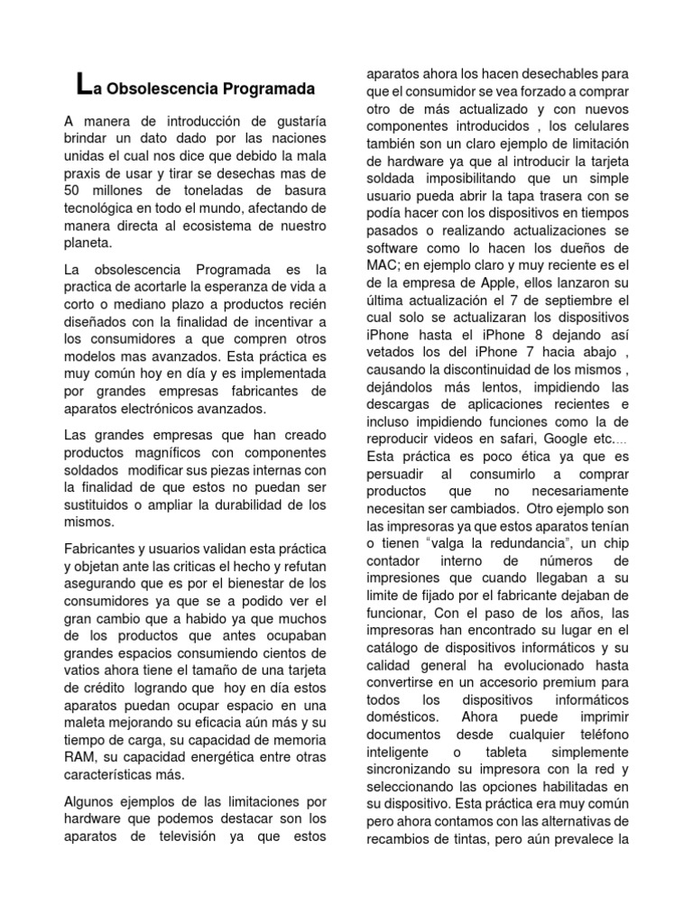 La Obsolescencia Programada | PDF | Hardware de la computadora | Teléfonos móviles