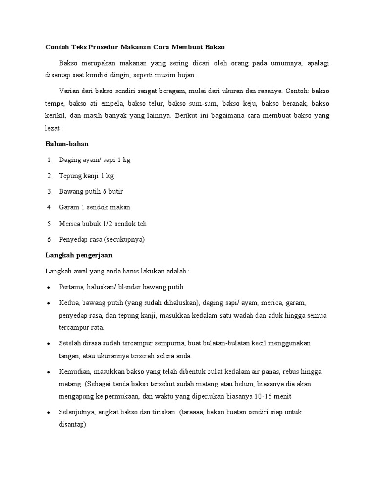 Contoh Teks Prosedur Makanan Cara Membuat Bakso | PDF