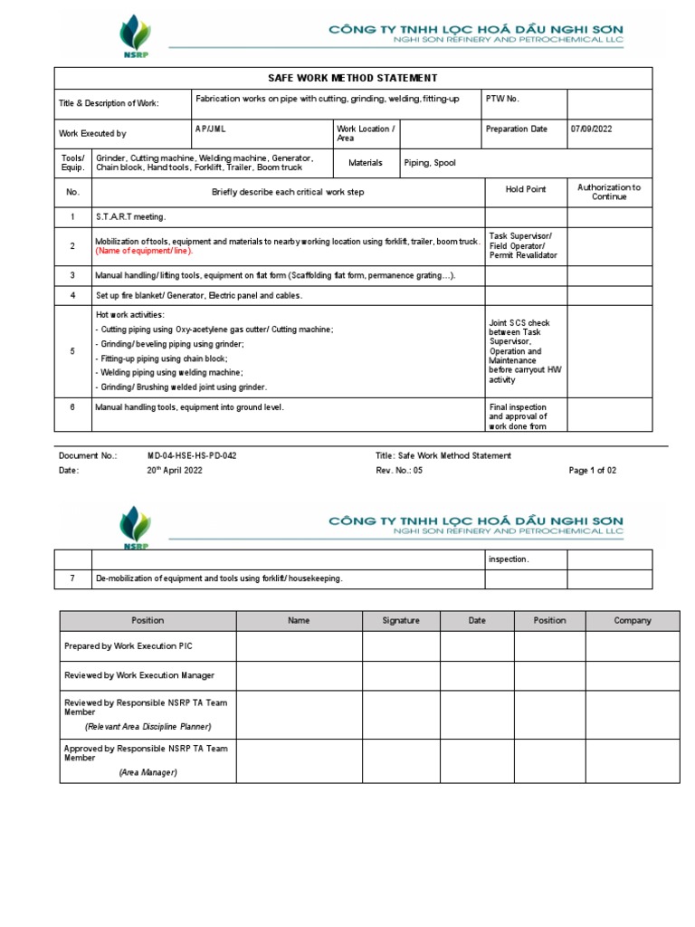 SWMS Fabrication Works On Pipe With Cutting, Grinding, Welding, Fitting ...