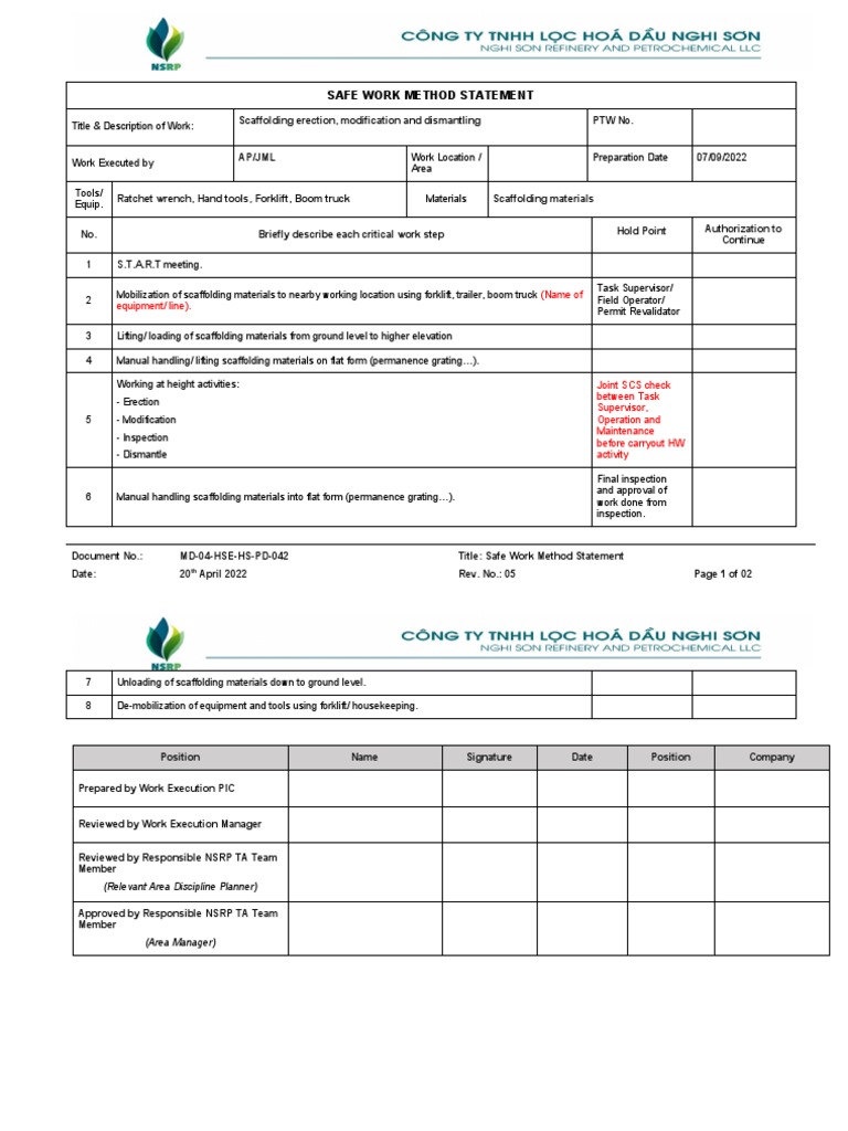 SWMS Scaffolding Erection, Modification and Dismantling | PDF ...