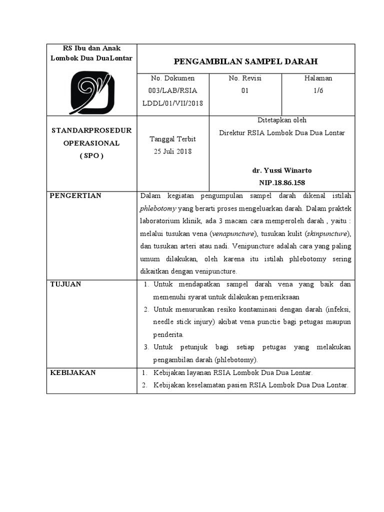Prosedur Pengambilan Sampel Darah RSIA | PDF