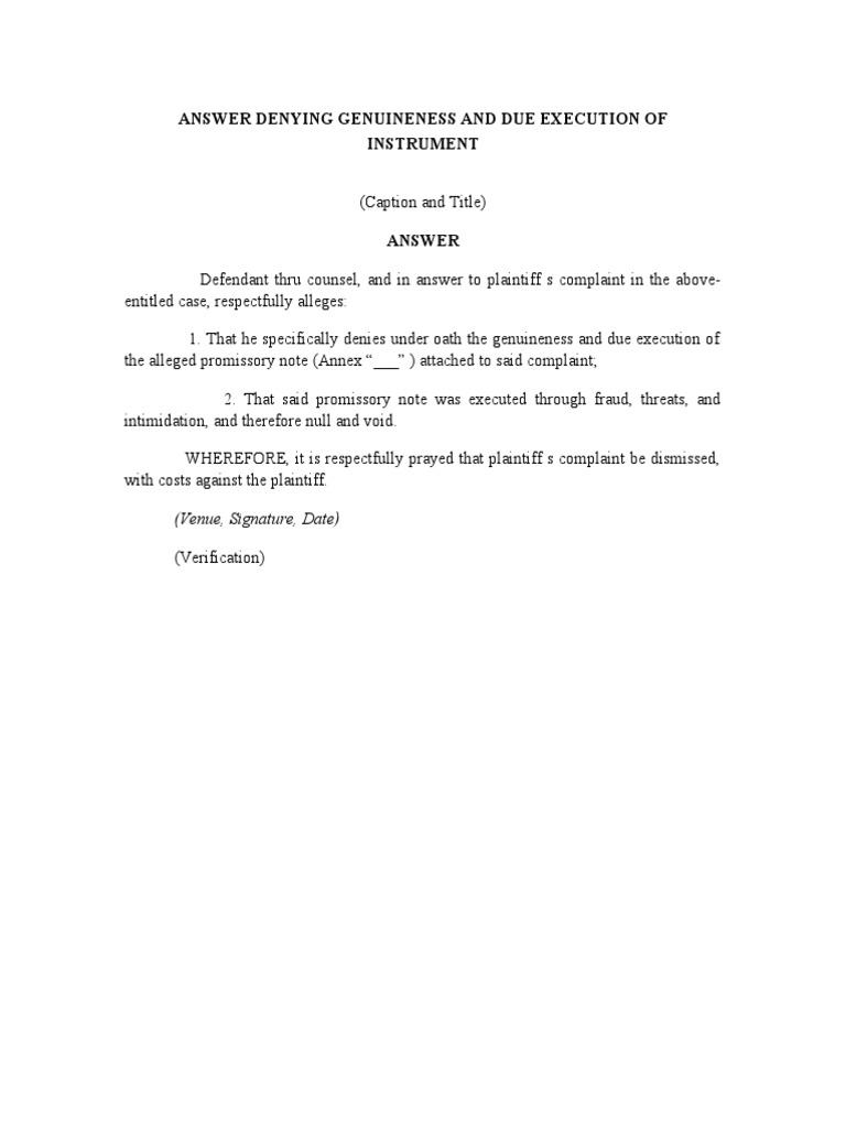 Answer Denying Genuineness and Due Execution of Instrument | PDF