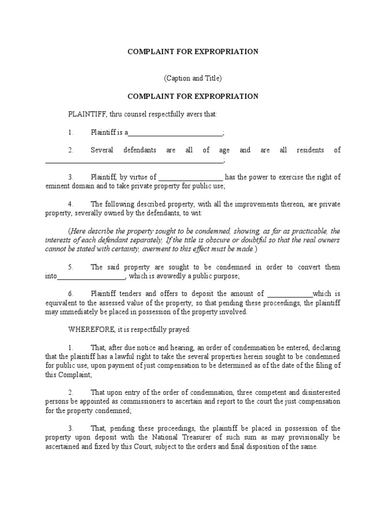 Expropriation Complaint Template | PDF