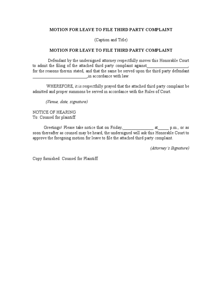 Motion to File Third Party Complaint | PDF | Social Science