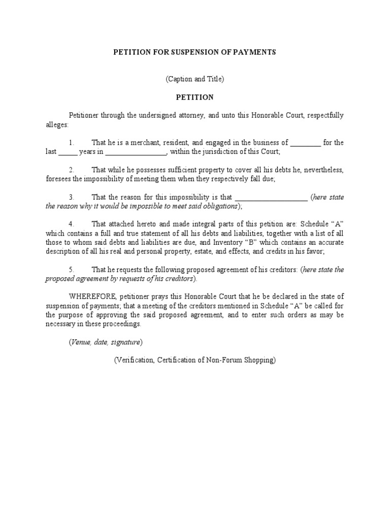 Petition for Suspension of Payments | PDF | Law
