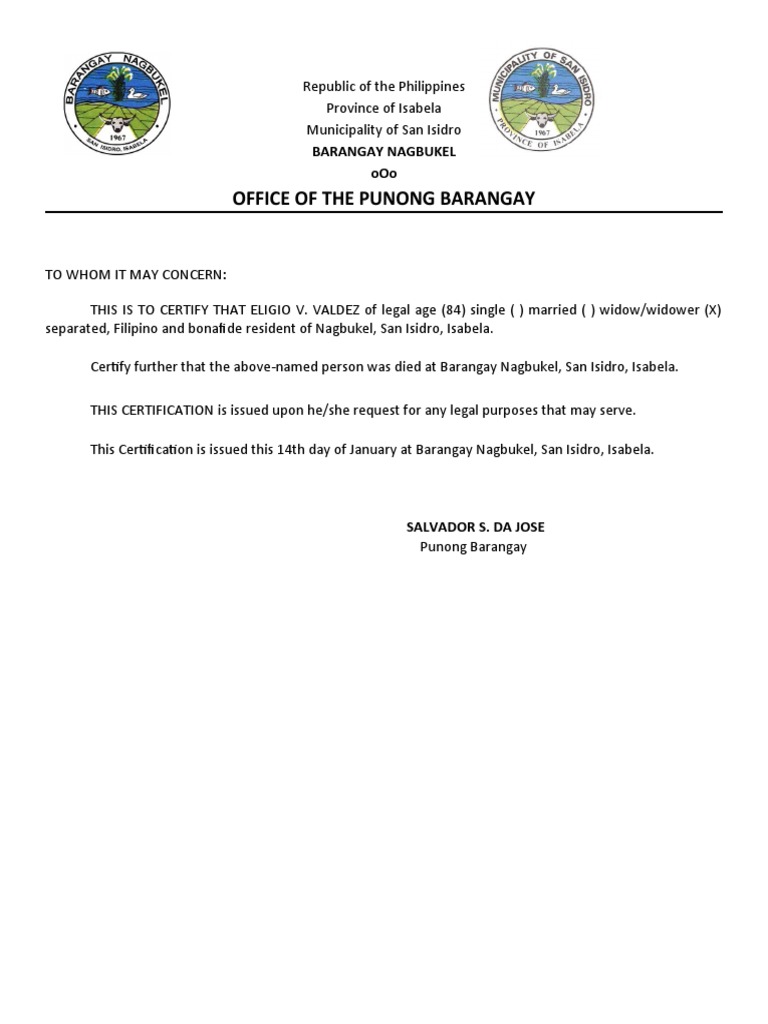 Certifications from San Isidro Barangays | PDF | Philippines | Government