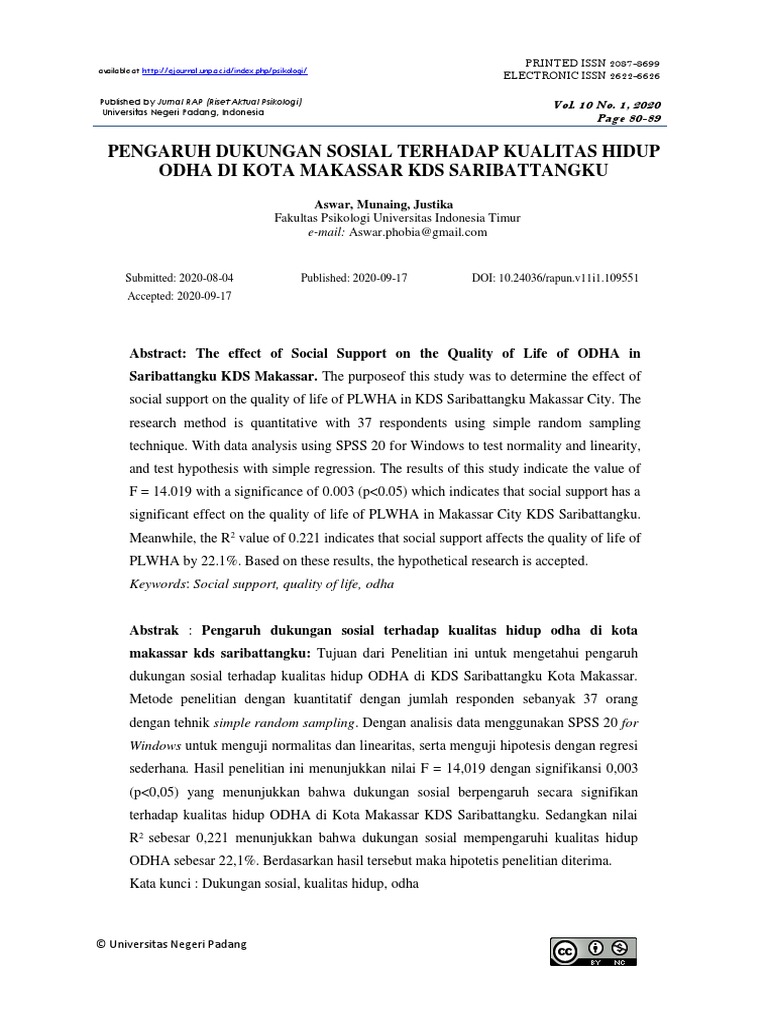 Hubungan Dukungan Sosial Terhadap Kualitas Hidup Pada Orang Dengan Hivaids (Odha) Di Yayasan ...