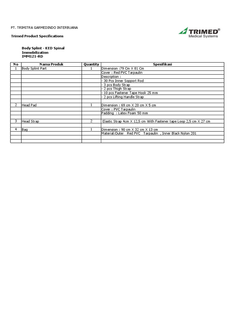 Spesifikasi Body Splint, Spinal Immobilization Kit | PDF