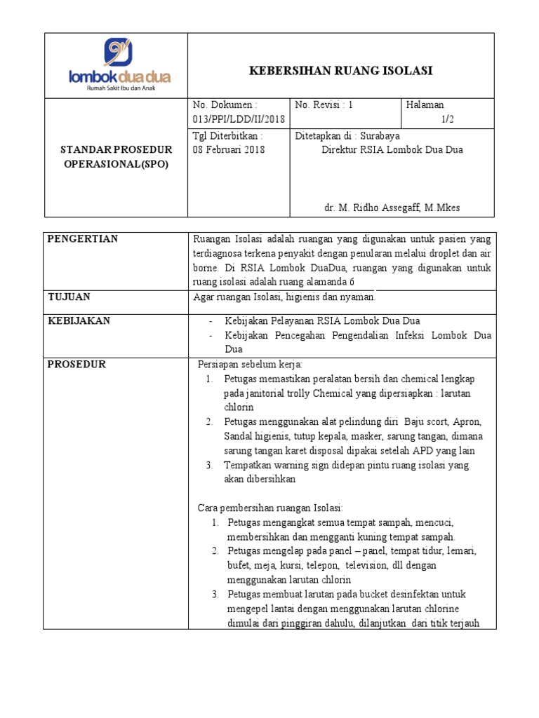 Prosedur Kebersihan Ruang Isolasi | PDF | Sains & Matematika