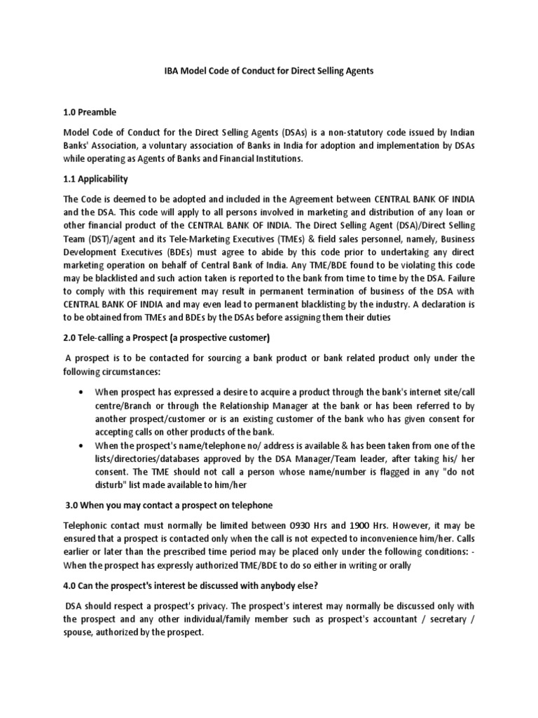 IBA Model Code of Conduct For DSAs | PDF | Banks