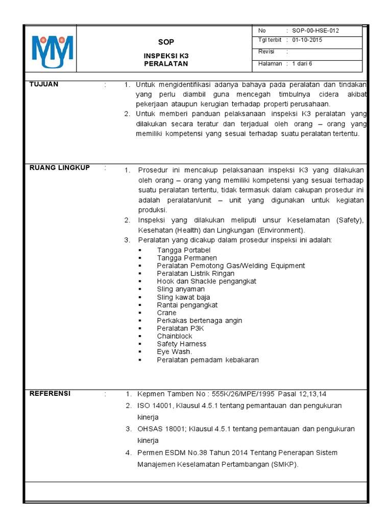 Sop 00 Hse 012 Inspeksi k3 Peralatan | PDF