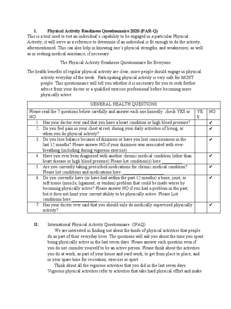 Physical Activity Readiness Questionnaire 2020 | PDF | Hypertension ...