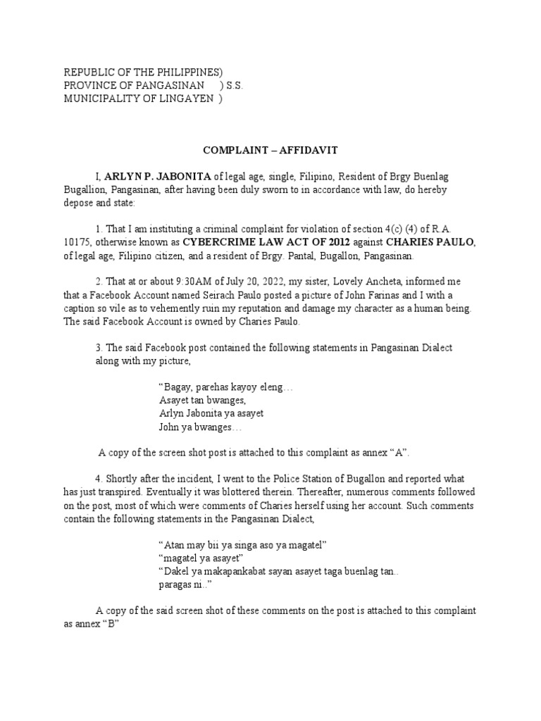 Cyber Libel Complaint Affidavit | PDF | Affidavit | Public Law