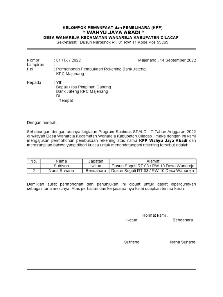 Surat Permohonan Buka Rek KPP | PDF
