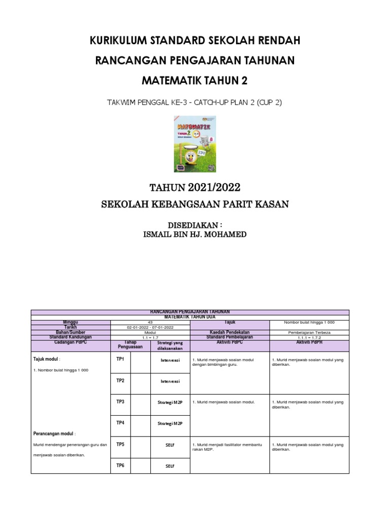 Catch Up Plan Matematik Tahun 2 | PDF