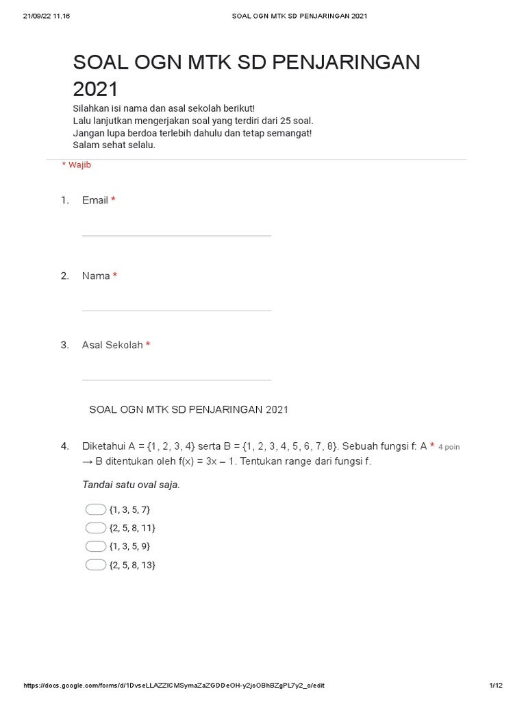 SOAL OGN MTK SD PENJARINGAN 2021 - Google Formulir | PDF