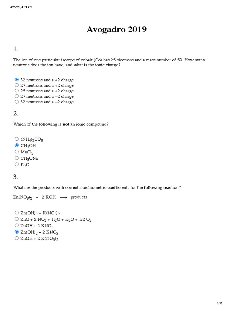 Avogadro Exam 2019 - With Answers | Download Free PDF | Gases | Mole (Unit)