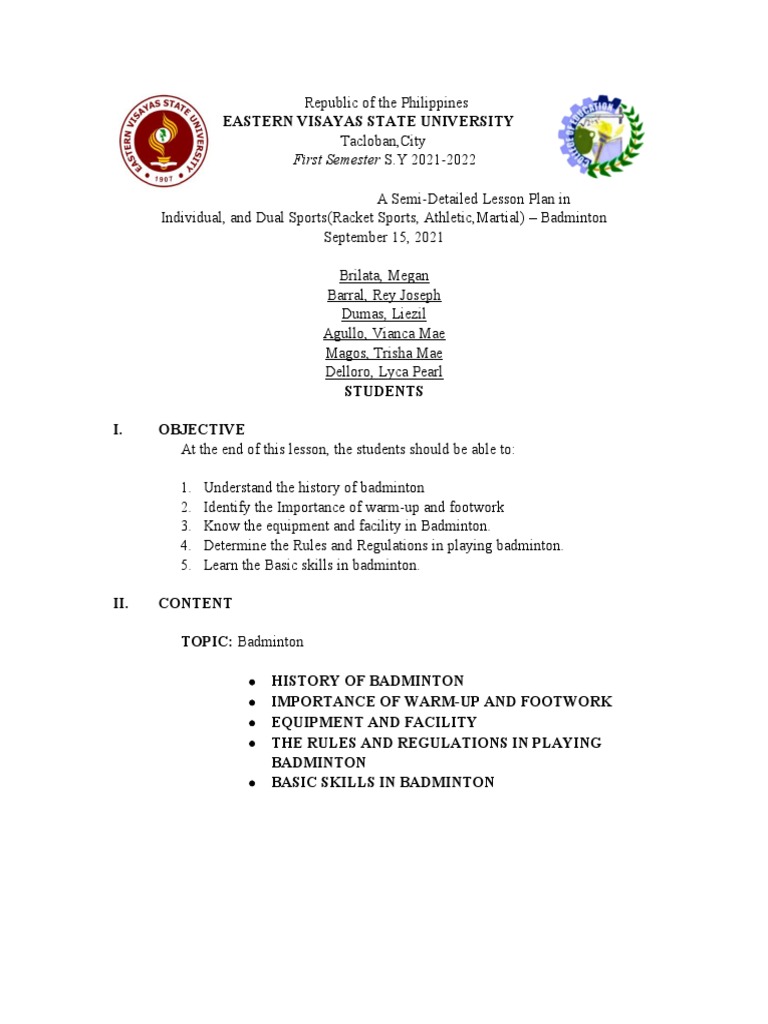 A Semi-Detailed Lesson Plan - Badminton | PDF | Rubric (Academic ...