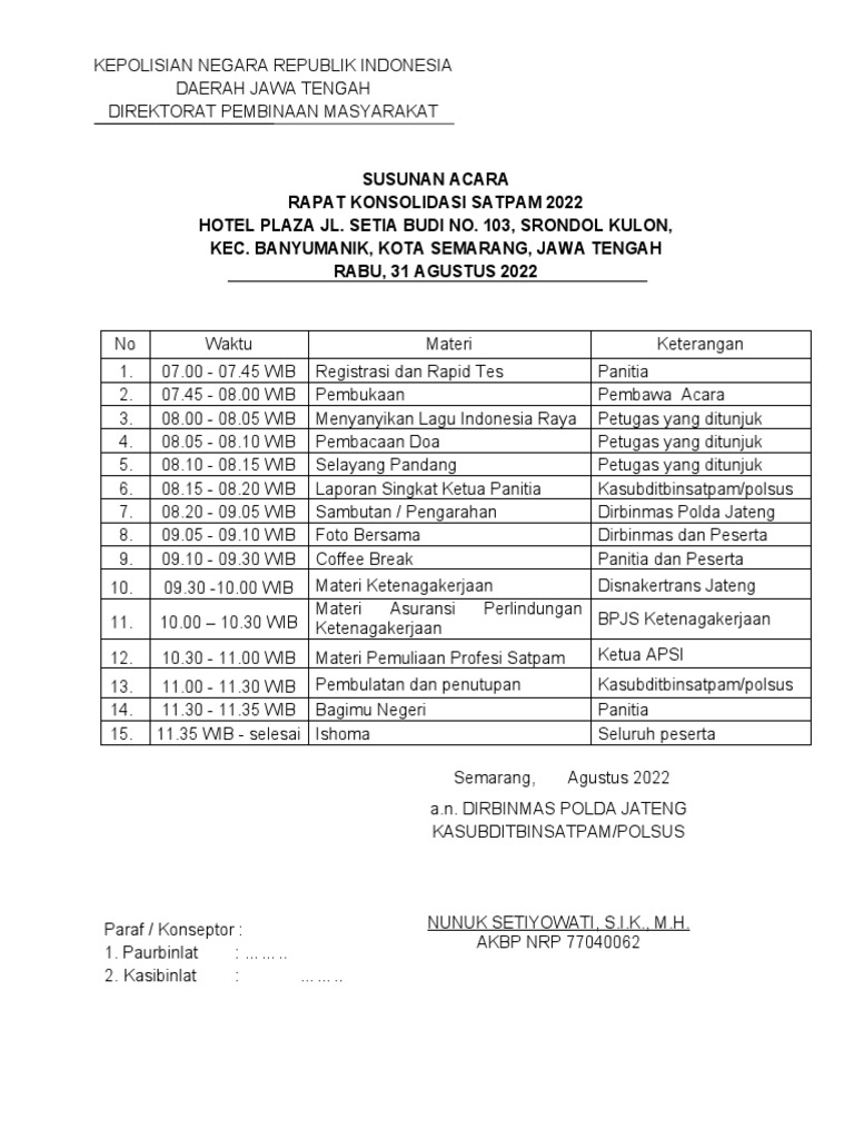Susunan Acara Rapat Konsolidasi Satpam 2022 | PDF