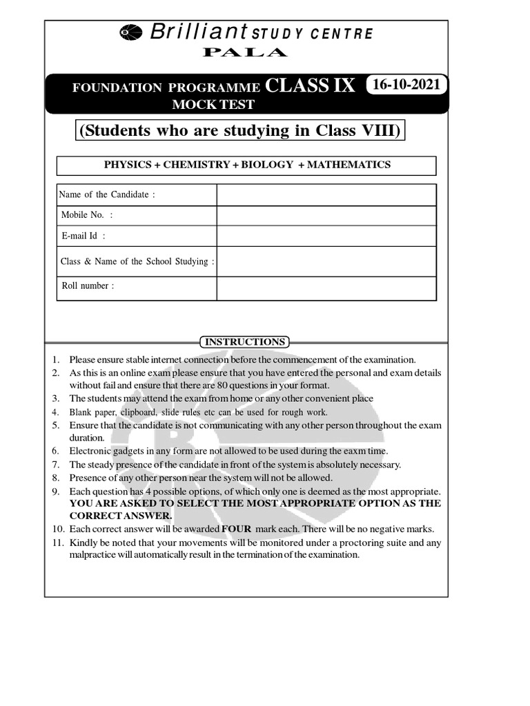 Class 8 Foundation Mock Test Paper | PDF | Water | Speed