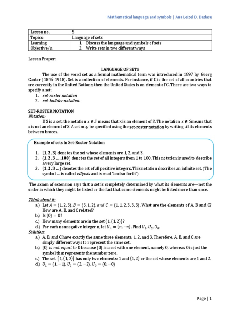 Language of Sets | PDF | Set (Mathematics) | Ellipsis