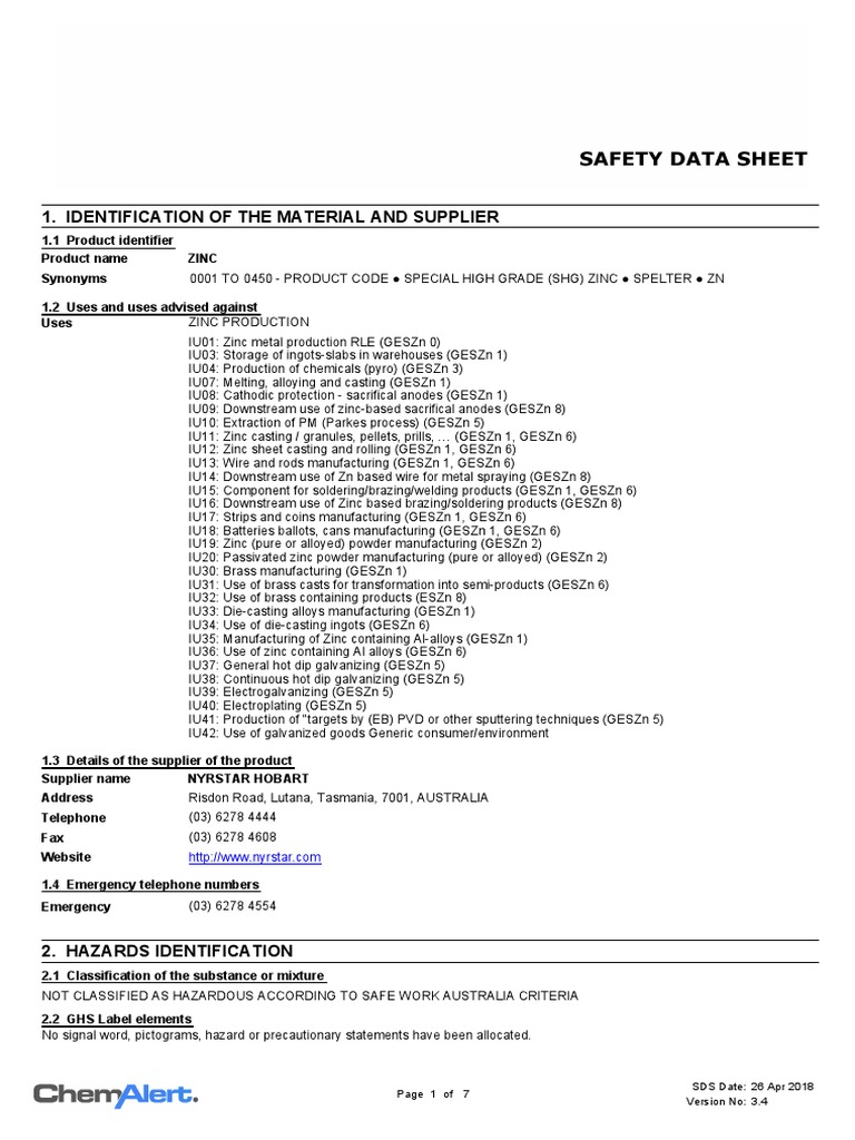 Safety Data for Special High Grade Zinc | PDF | Occupational Safety And ...