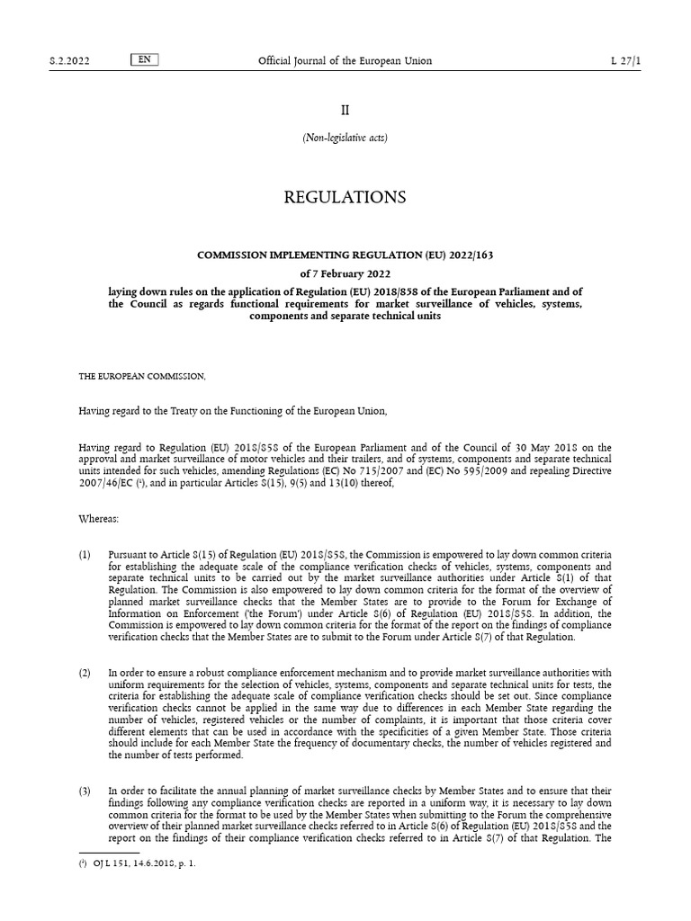 Regulation (EU) 2022 - 163 - Functional Requirements For Market ...
