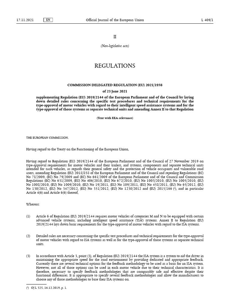 Regulation (EU) 2021 - 1958 - Intelligent Speed Assistance Systems ...