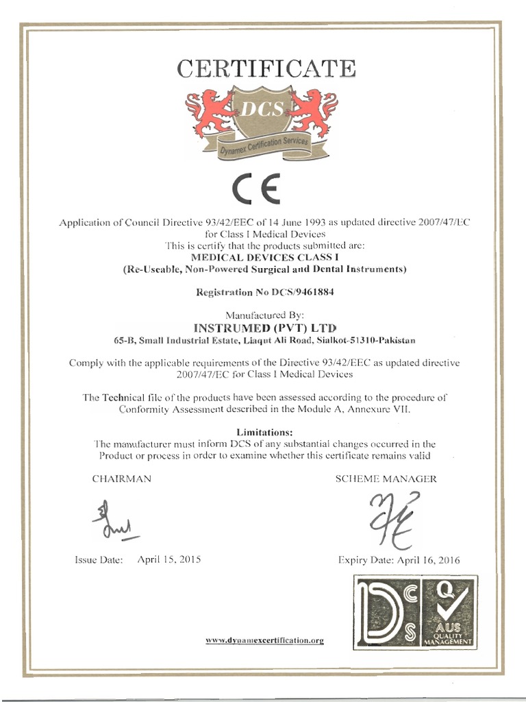 Instrumed (PVT.) LTD - Ce Certificate | PDF