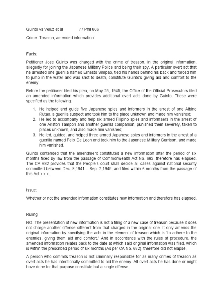Guilt in Treason Case: Guinto vs Veluz | PDF | Treason | Arrest
