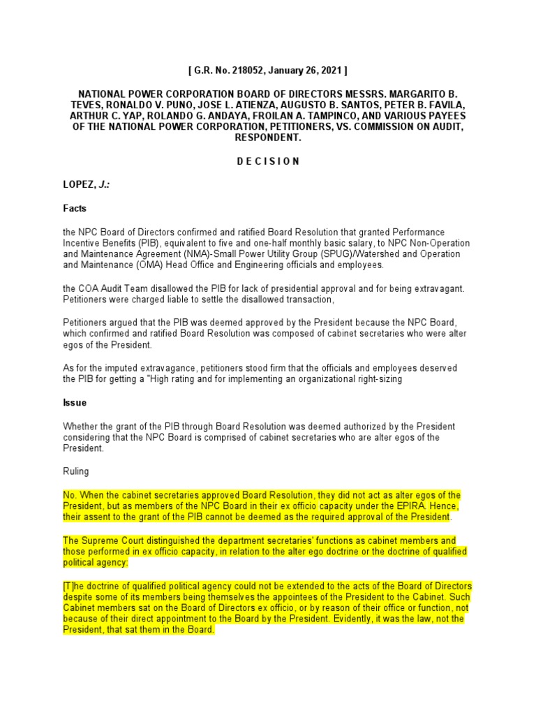 NAPOCOR Board of Directors v. COA, G.R. No. 218052, January 26, 2021 ...