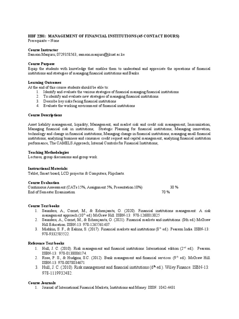 HBF 2201 Management of Financial Institutions | PDF | Risk | Banks
