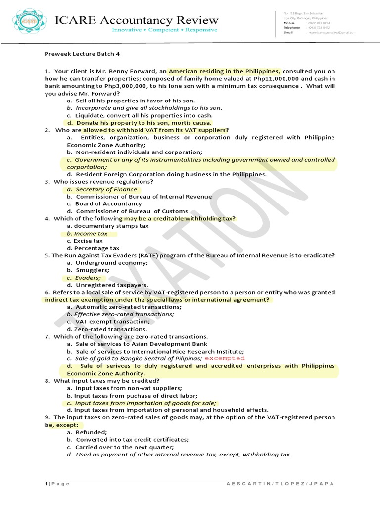 ICARE - TAX - PreWeek - Batch 4 | PDF | Law