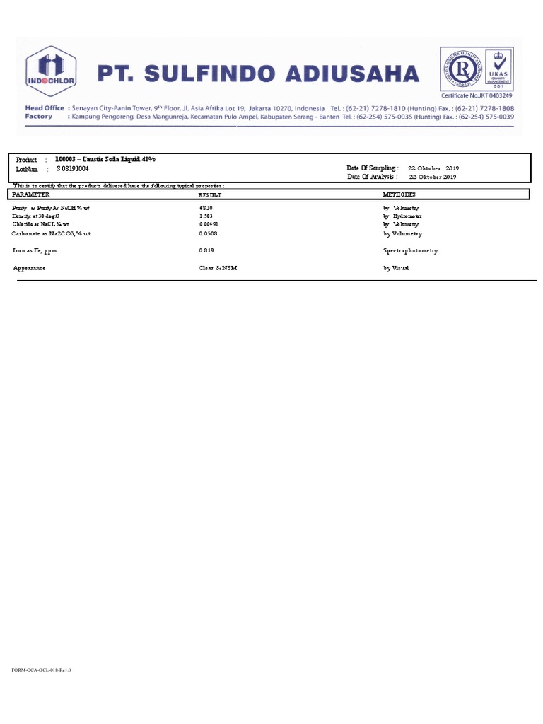 A.4.a. NaOH Liquid (Berina Tirta) - COA & MSDS | PDF