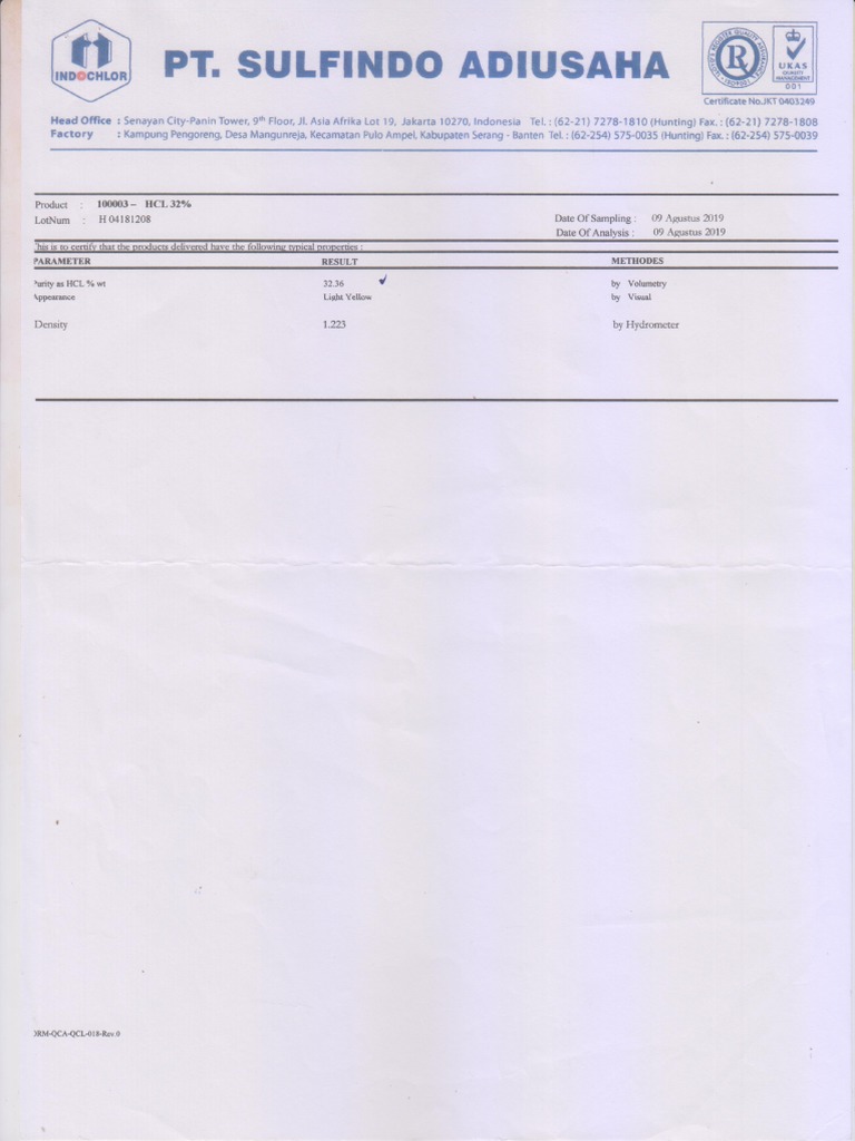 A.3. HCL (Berina Tirta) - Coa & Msds | PDF