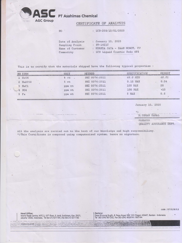 A.4.b. Naoh Liquid (Cv. Kurnia Jaya) - Coa & Msds | PDF | Sodium Hydroxide | Solubility