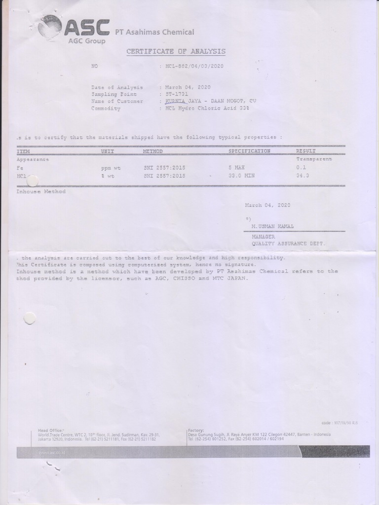 A.2. HCL (Cv. Kurnia Jaya) - Coa & Msds | PDF