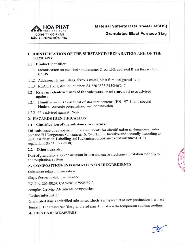 Slag MSDS | PDF | Dangerous Goods | Safety