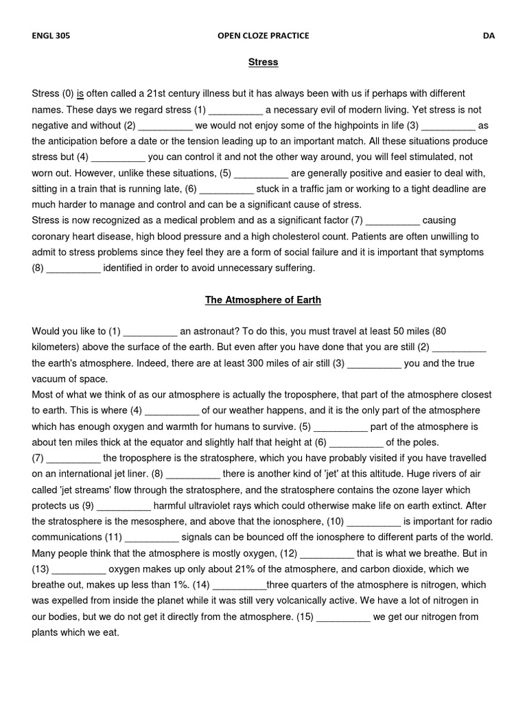 Open Cloze Exercises | PDF | Atmosphere Of Earth | Atmosphere
