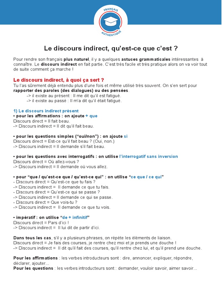 Comprendre le discours indirect en français | PDF | Verbe | Mécanique ...
